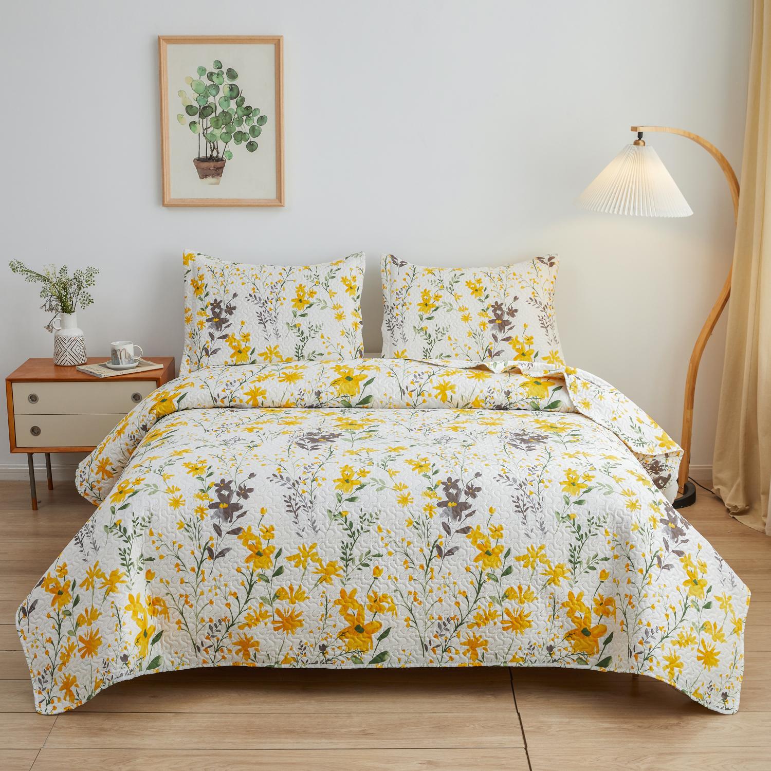 Jessy Home Floral Bedspread Queen/Full Size Vintage Lemon Yellow Floral ...