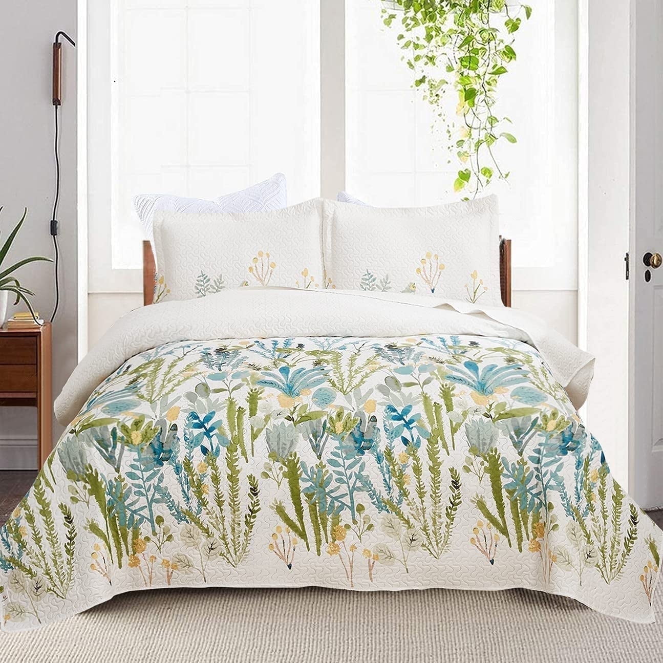 Jessy Home Flower Bedspread King Size Green Leaf Bedding Microfiber ...
