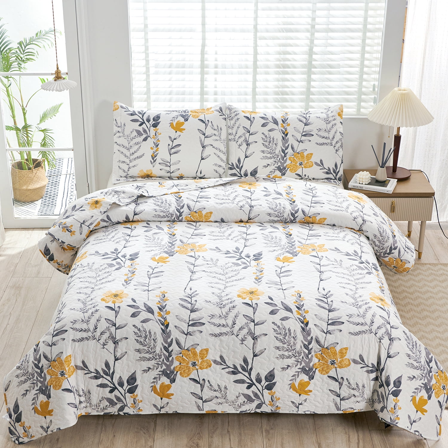 Jessy Home Full/Queen Quilt Yellow Floral Bedding Set Microfiber ...