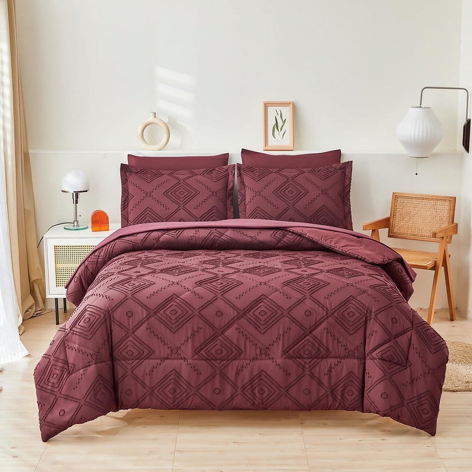 Jessy Home King Comforter Set 7 Pieces Wine Red Patchwork Bedding Set ...