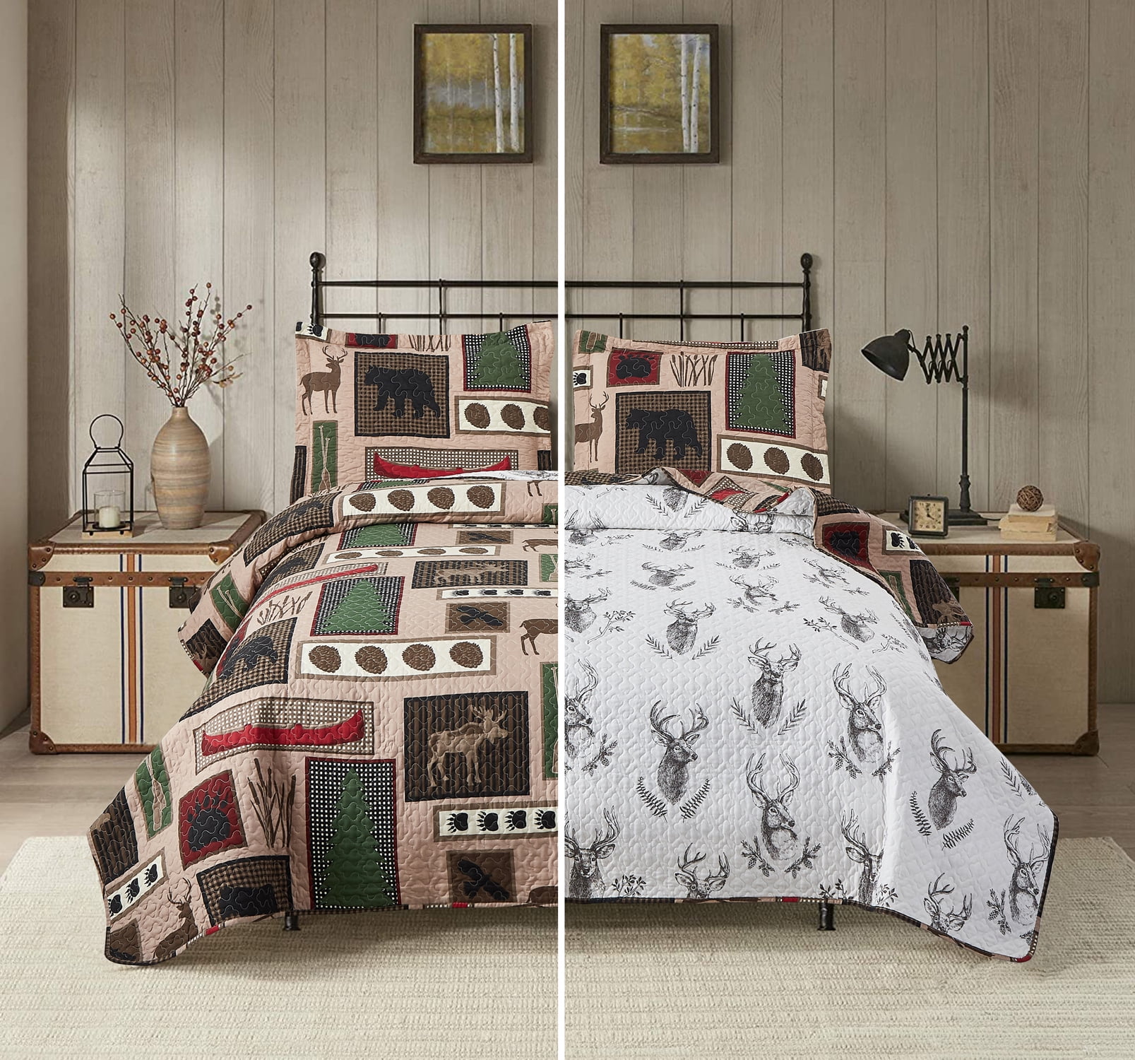 Jessy Home Moose Quilt King Green Rustic Lodge Bedspread 3-Piece ...
