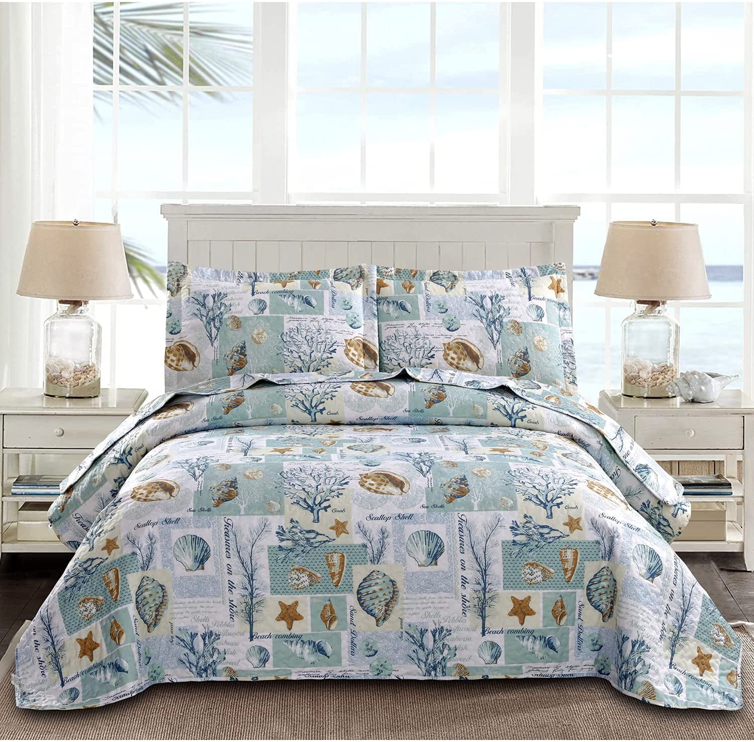 Jessy Home Ocean Beach Quilts Set Queen/Full Size Conch Seashell ...