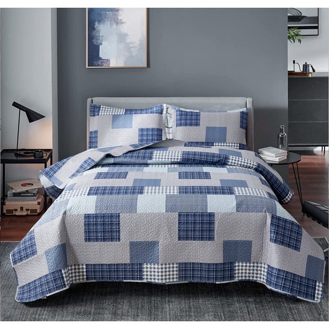 Jessy Home Patchwork Bedspread Set Queen/Full Grey Blue Plaid Quilt Microfiber Coverlet ...