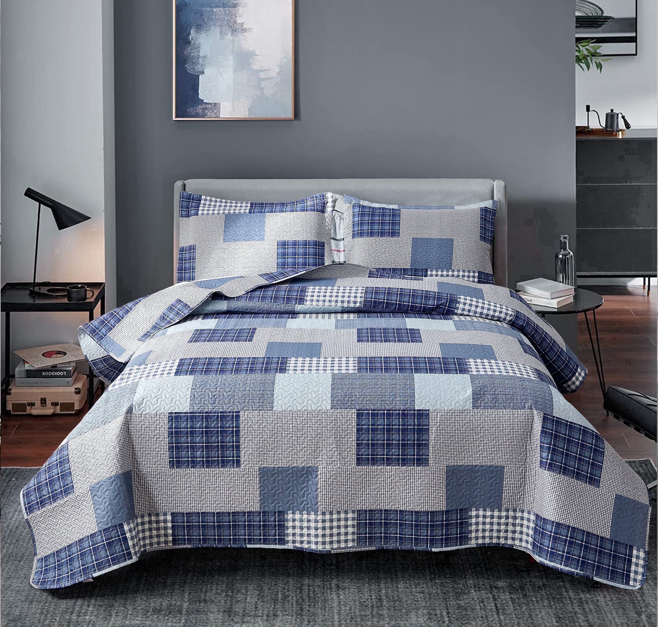 Jessy Home Patchwork Bedspread Set Queen Full Microfiber Plaid Quilt ...