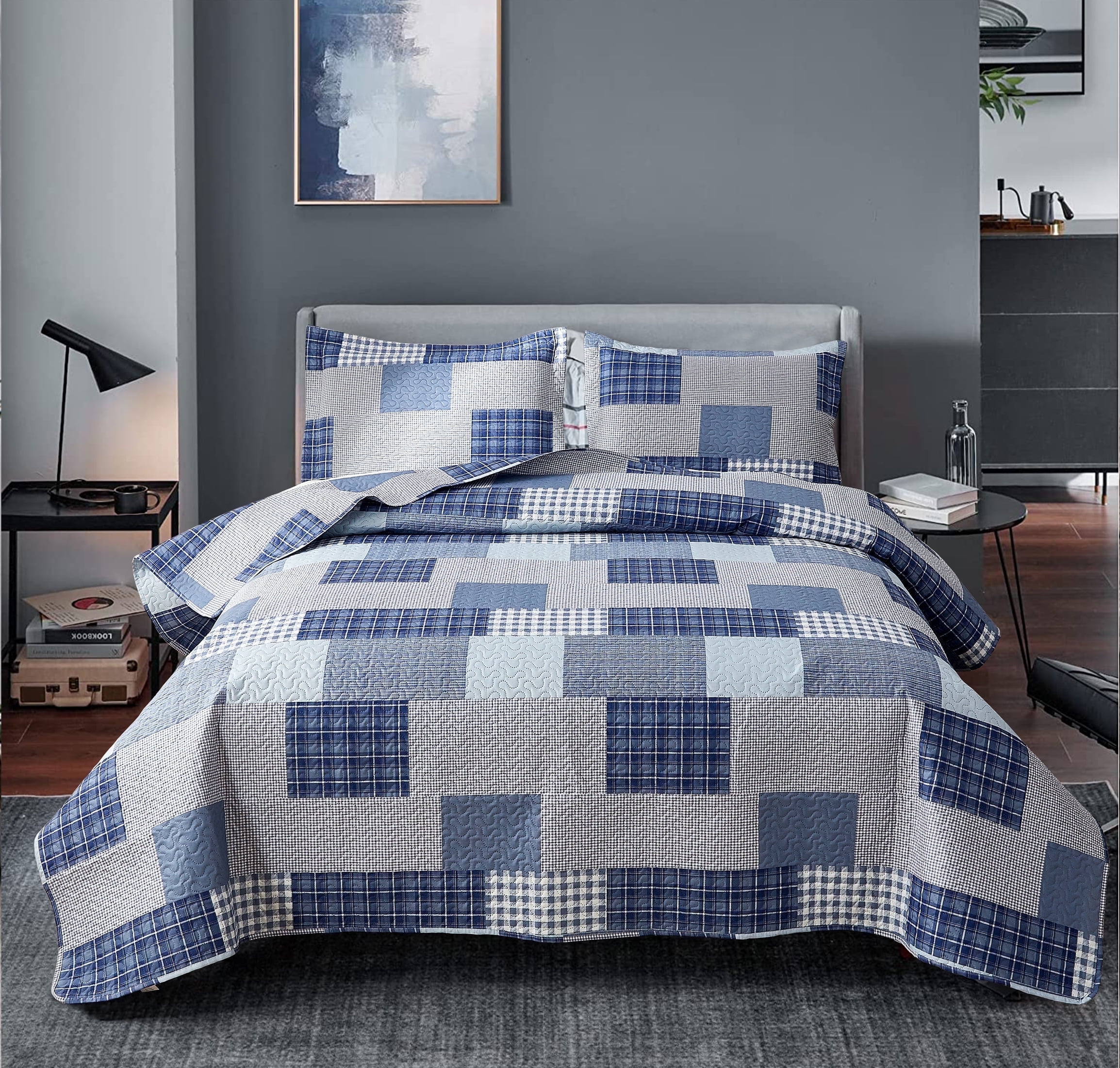Jessy Home Patchwork Bedspread Set Twin Size Grey Blue Plaid Quilt ...