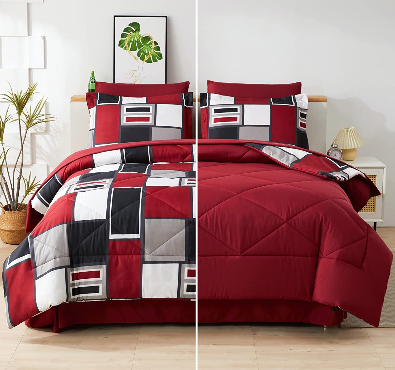 Jessy Home Queen 8 Piece Comforter Set Red White Plaid Bedding Set Bed ...