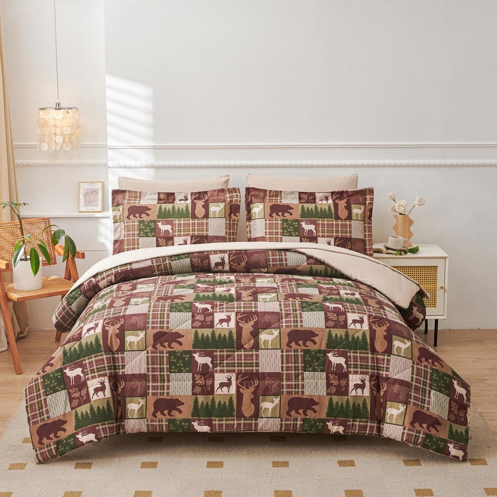 Jessy Home Queen Comforter Set 7 Pieces Green Pine Brown Deer Bedding ...