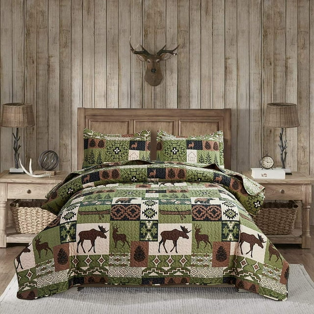 Jessy Home Queen/Full Rustic Quilt Sets Moose Bear Bedding Green ...