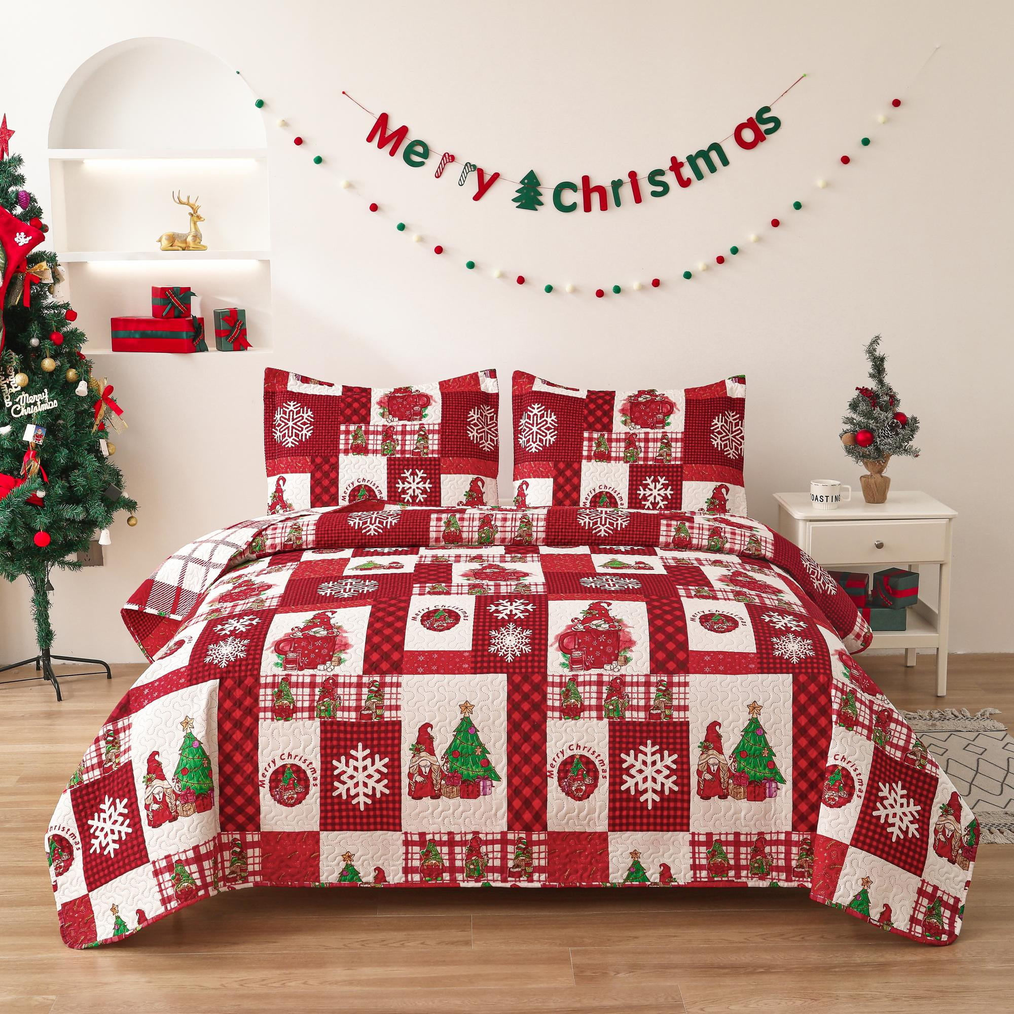 Jessy Home Queen/Full Size Christmas Quilt Set Red Green Tree Bedding ...