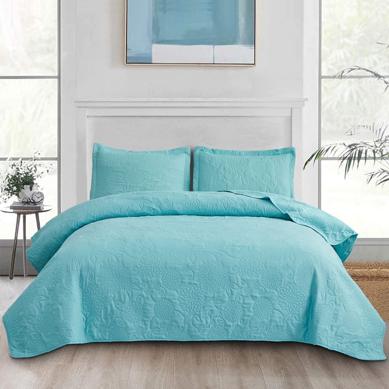 Jessy Home Queen/Full Size Quilts Blue Microfiber Floral Bedspread ...