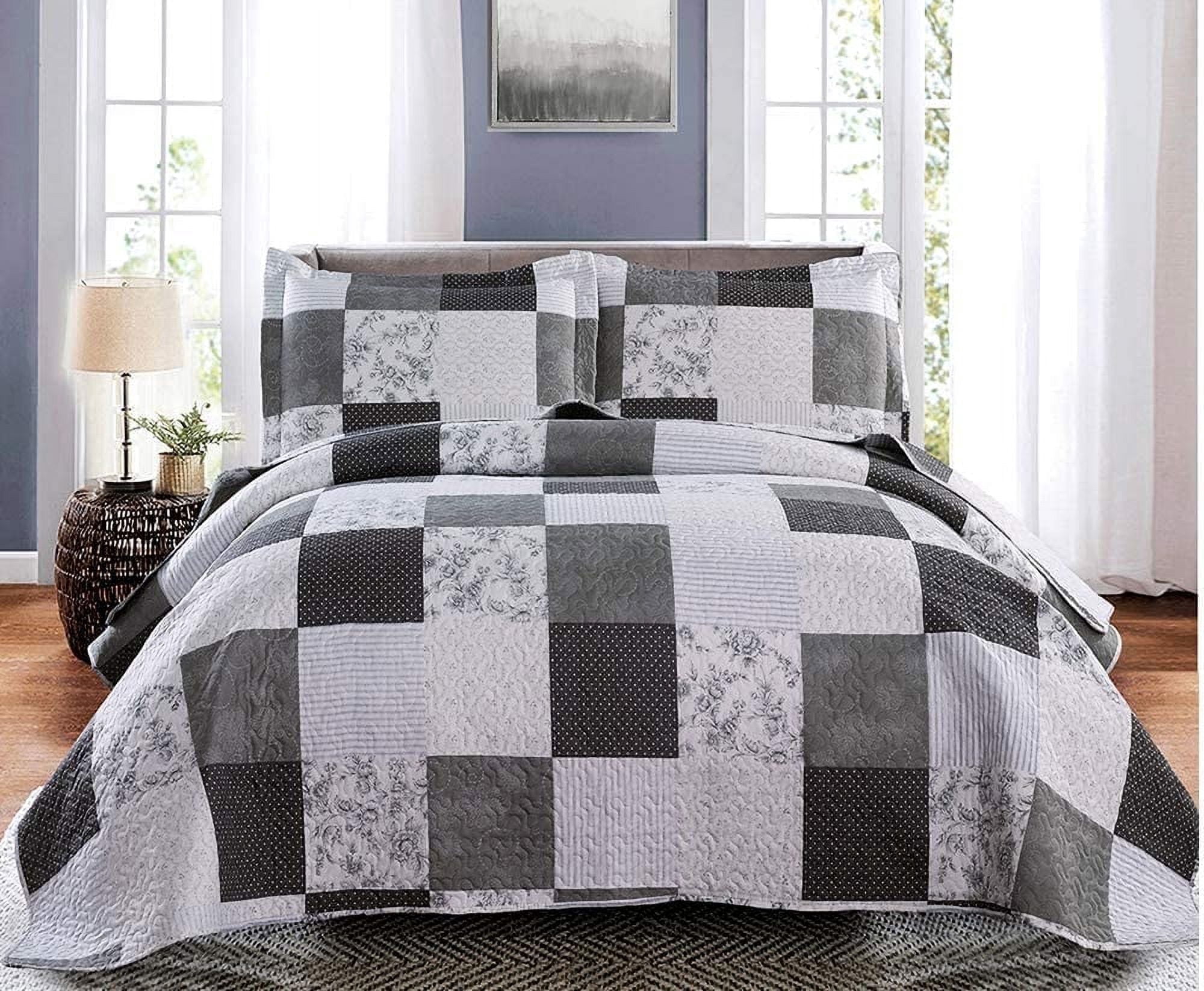 Jessy Home Plaid Quilts Queen Full Size, Black White Grey Patchwork ...