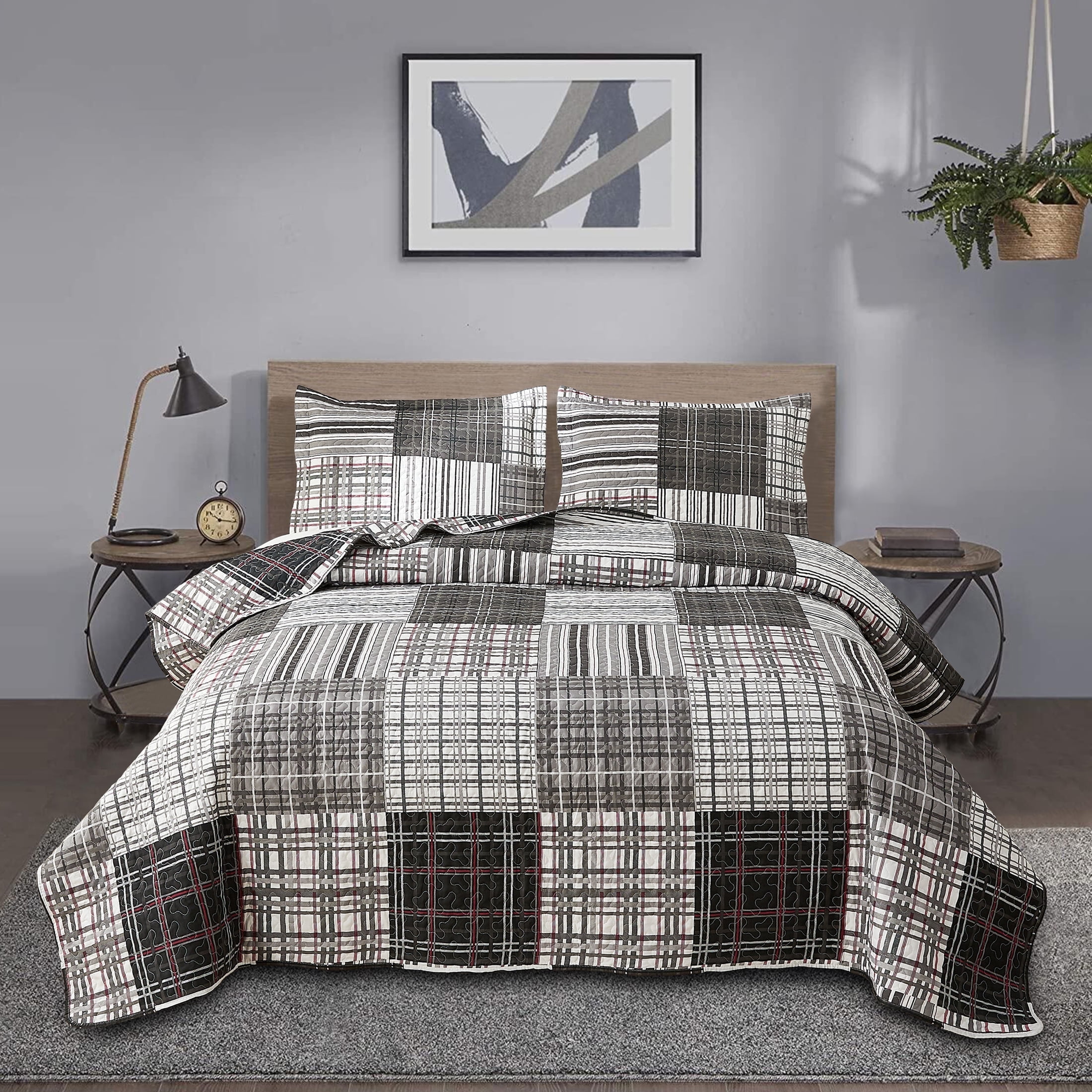 Jessy Home Quilt Set Queen/Full Size Plaid Bedspread Coverlet Black White Grey Plaid Patchwork ...