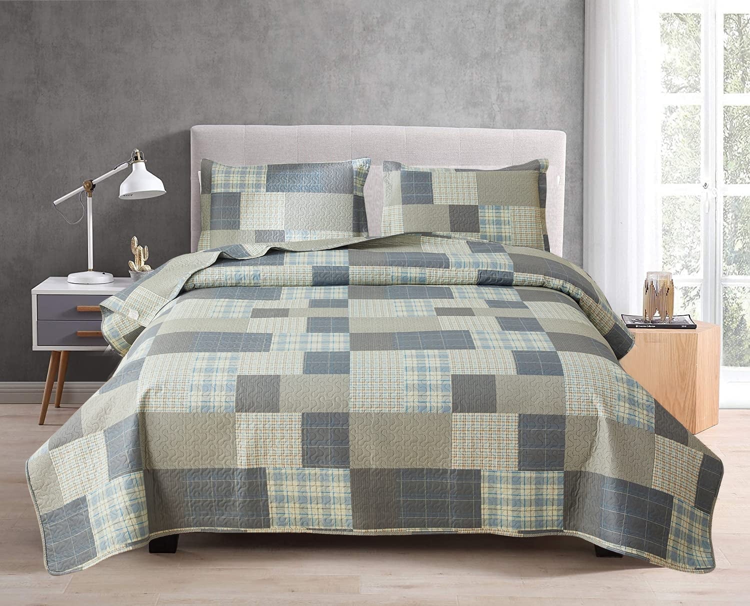 Jessy Home Quilt Set Queen Size Light Yellow Plaid Coverlet Bedding ...