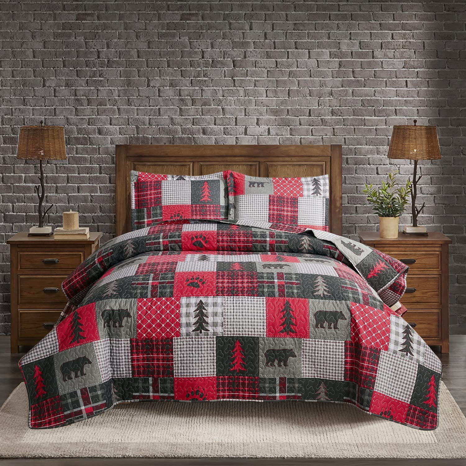 Jessy Home Rustic Bear Quilt Queen Red Black Plaid Bedspread Microfiber ...