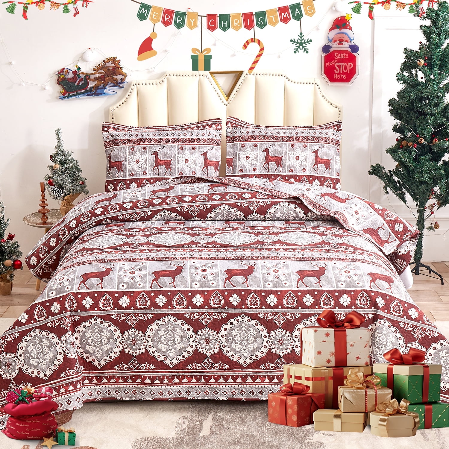 Jessy Home Rustic Christmas Holiday Moose Quilt King Red Bedding ...