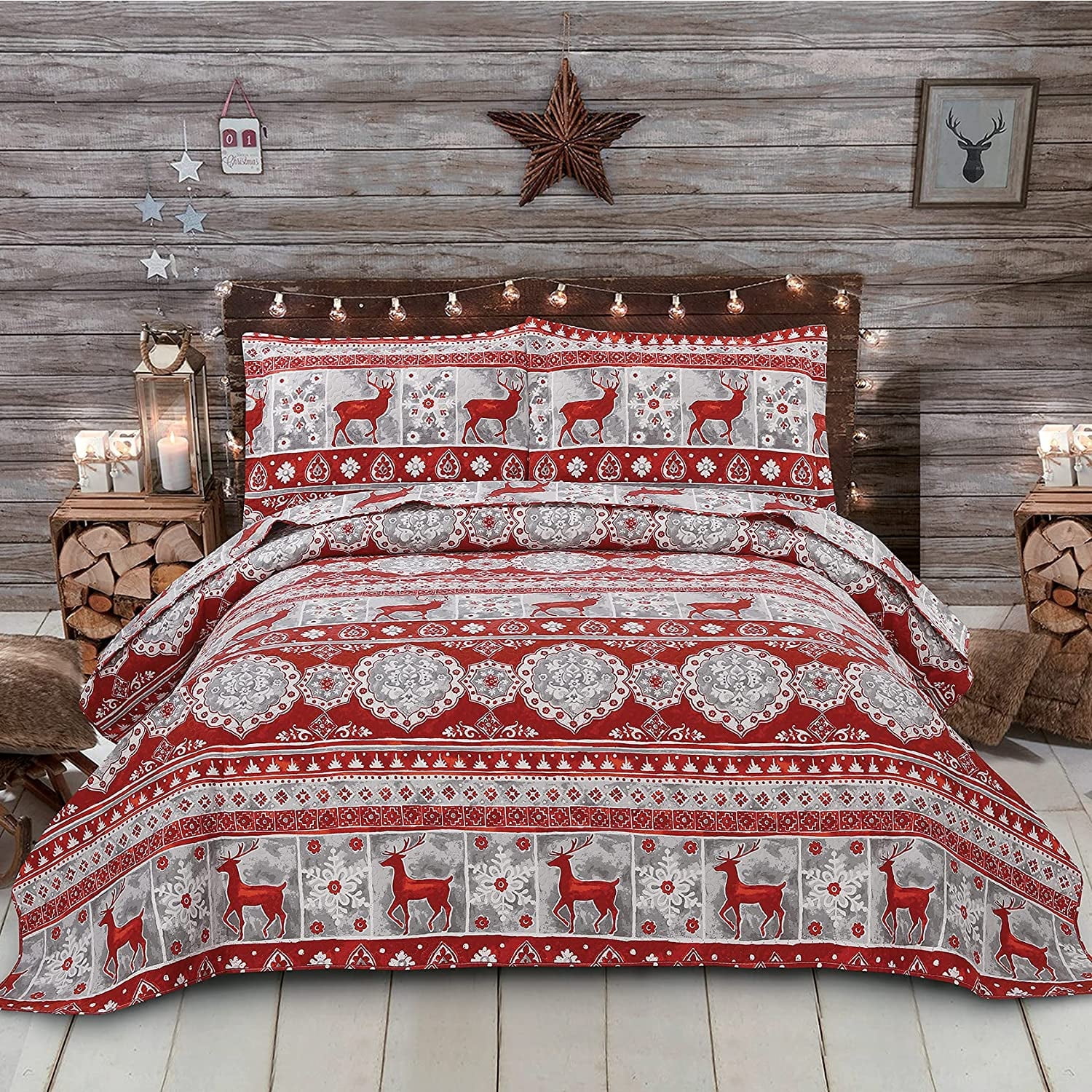 Jessy Home Rustic Christmas Moose Quilt Queen/Full Red Bedding ...