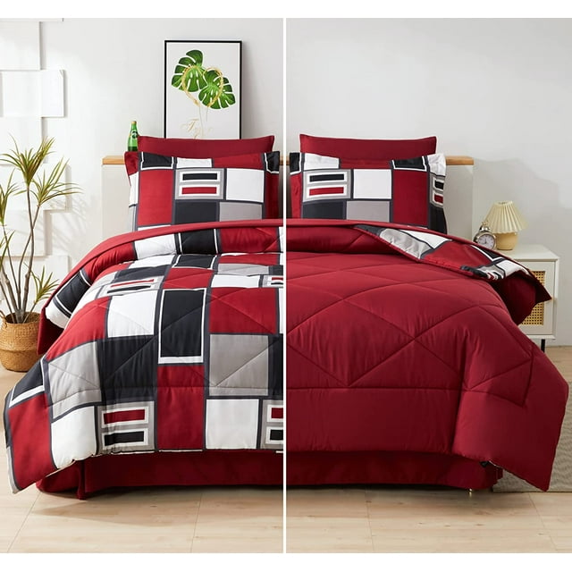 Jessy Home Twin 6 Piece Comforter Set Red White Plaid Bedding Set Bed ...