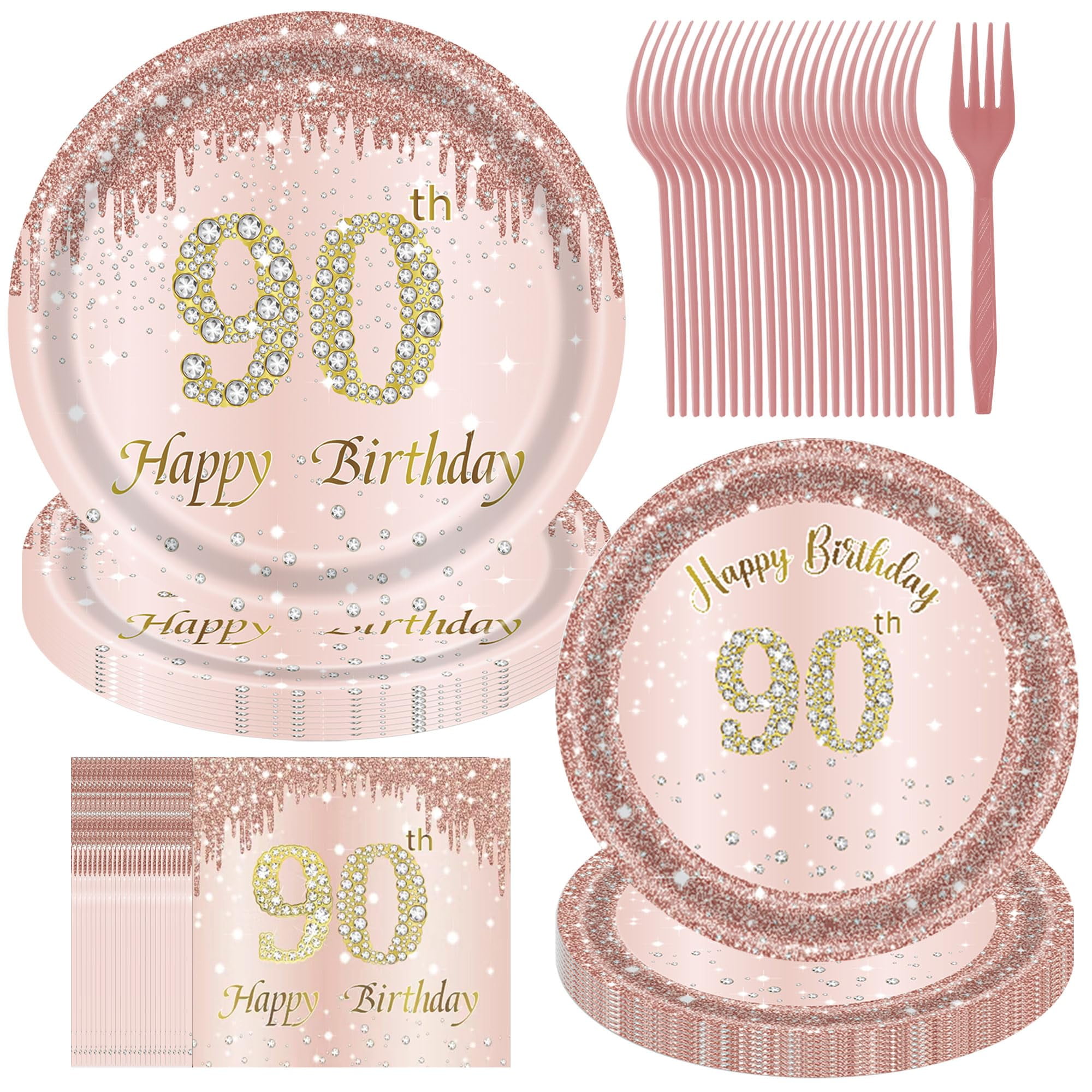 Jestar 90th Birthday Party Supplies Plates and Napkins Sets, Pink ...