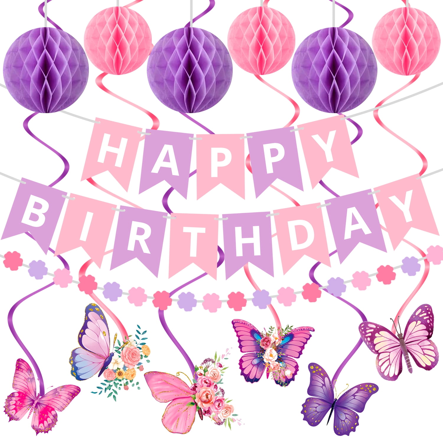 Jestar Purple Pink Happy Birthday Banner Kit with Honeycomb Balls ...