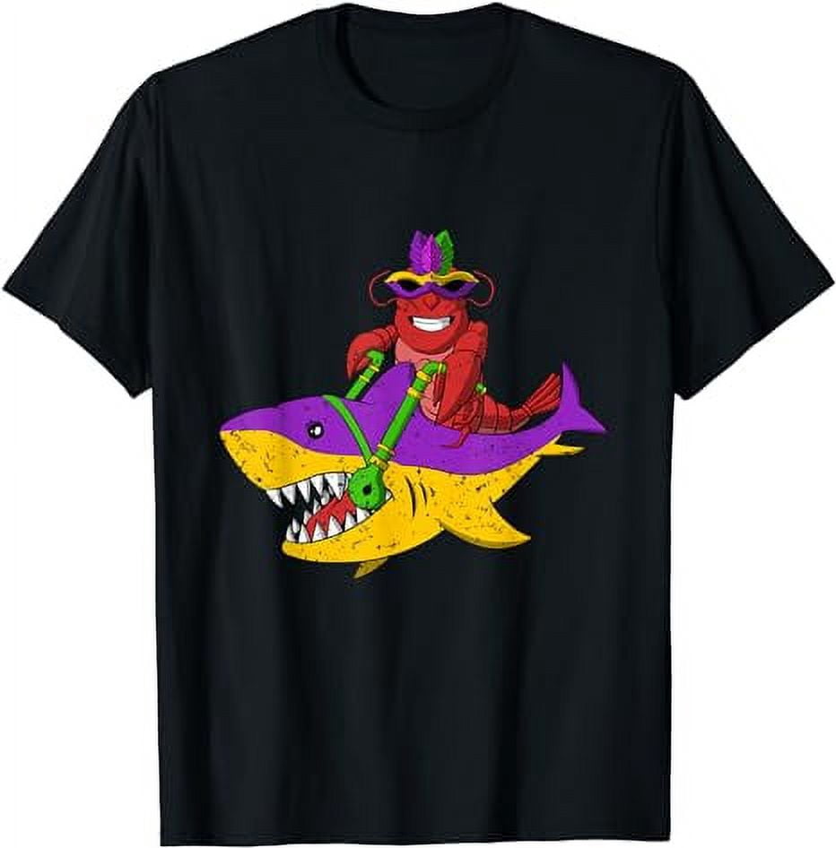 Jester Crawfish Riding Shark Mardi Gras Mask Carnival Parade T-Shirt ...