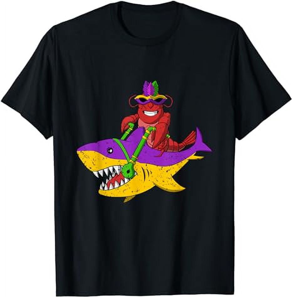 Jester Crawfish Riding Shark Mardi Gras Mask Carnival Parade T-Shirt ...