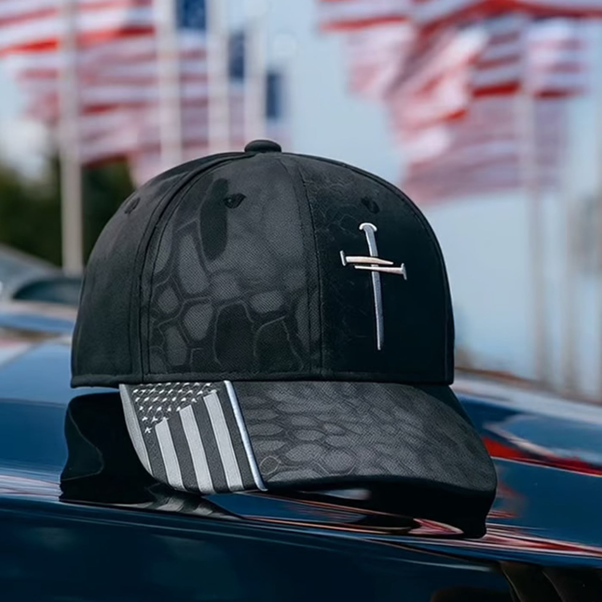 Jesus 3 Nail Cross Hat with American Flag, Adjustable Christian Hats ...