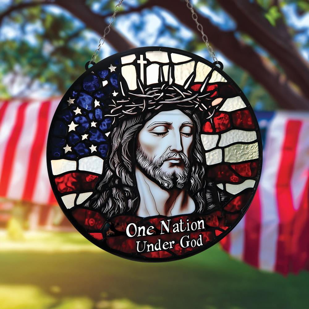 Jesus Acrylic Suncatcher Faux Stained Glass Patriotic One Nation Under ...
