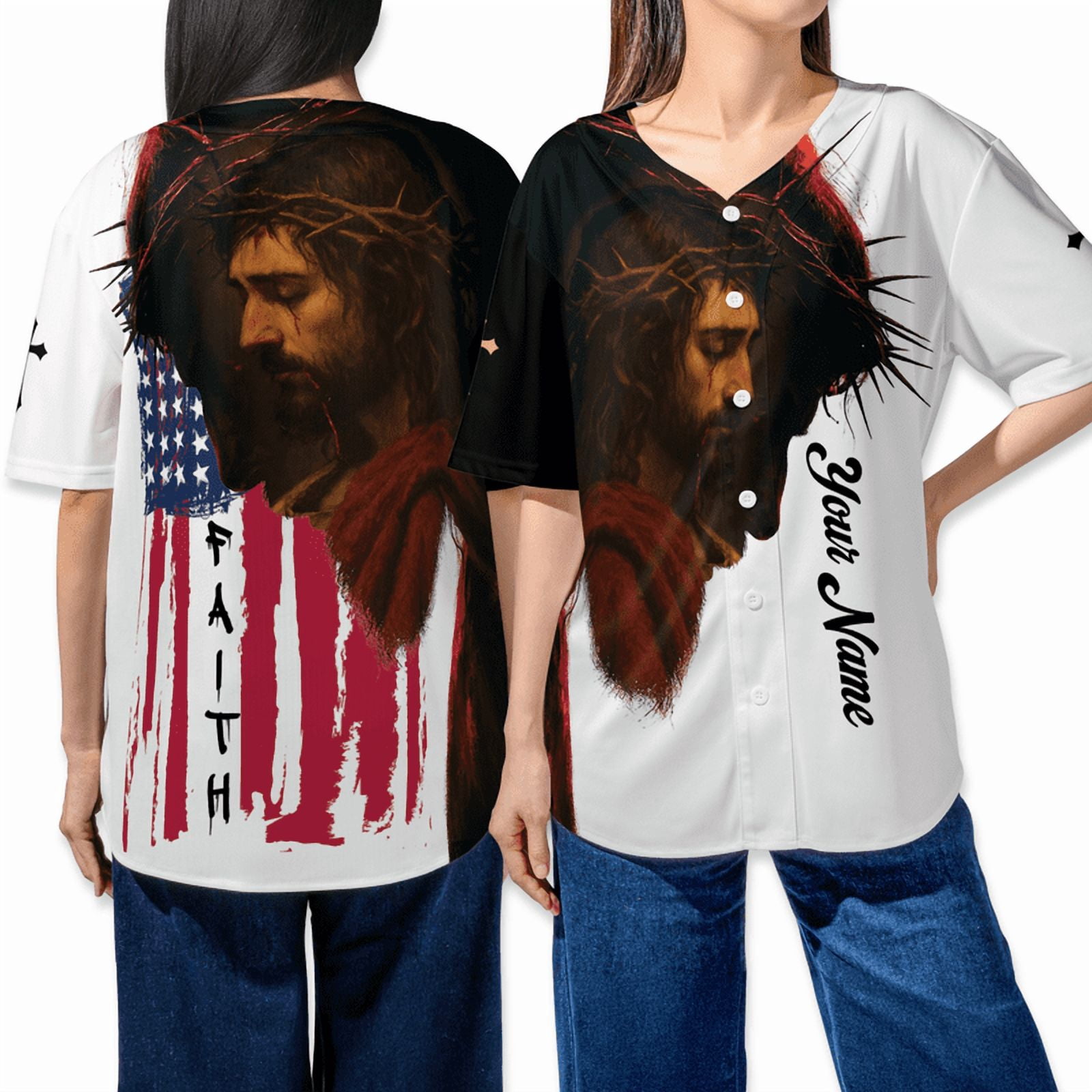 Jesus American Flag Baseball Jersey – Faith Shirt with Crown of Thorns ...
