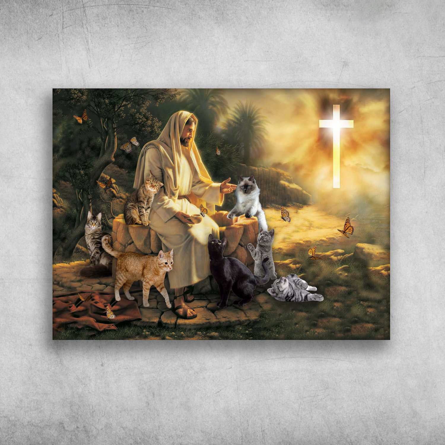 Jesus And Cat, God Cat Lover, Butterfly Jesus Cross 16 x 24 Inch Poster ...