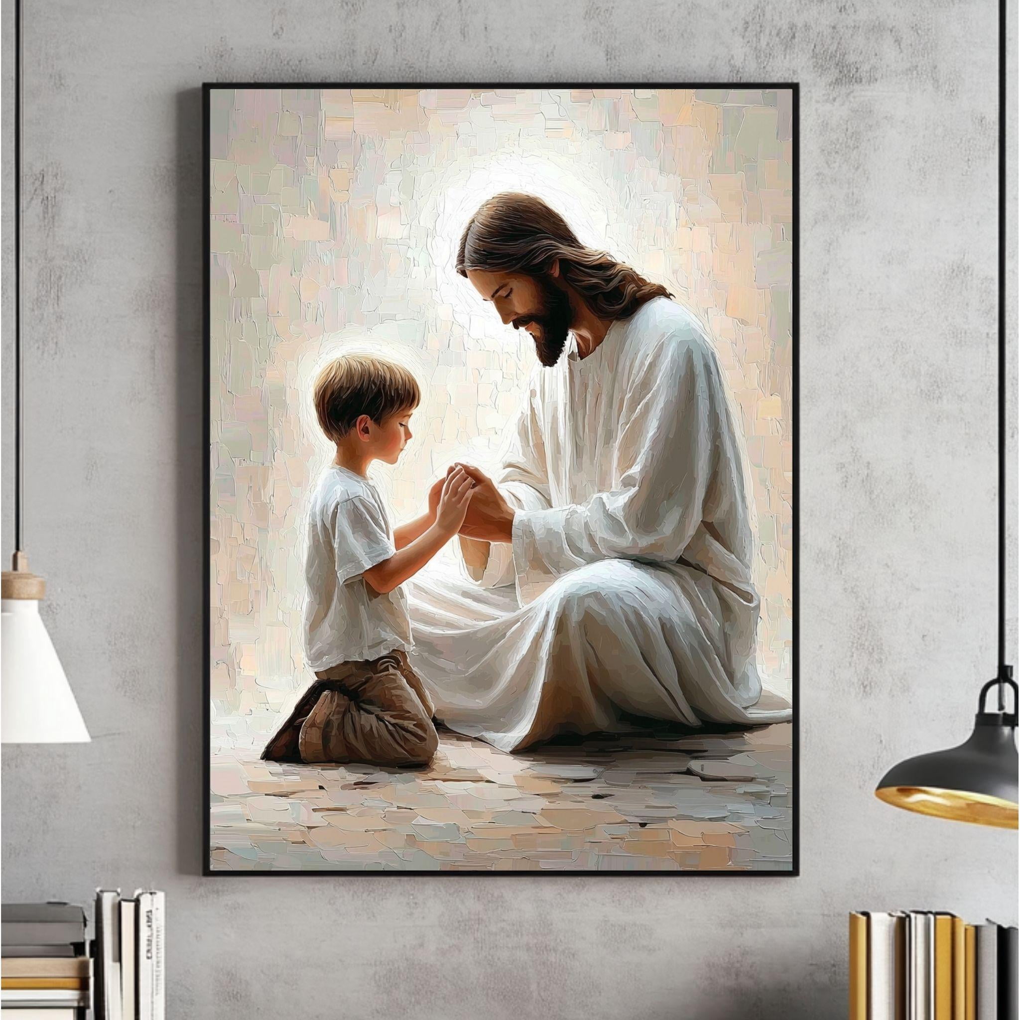 Jesus And Little Boy Praying Wall Art Christian Painting Jesus And Boy ...