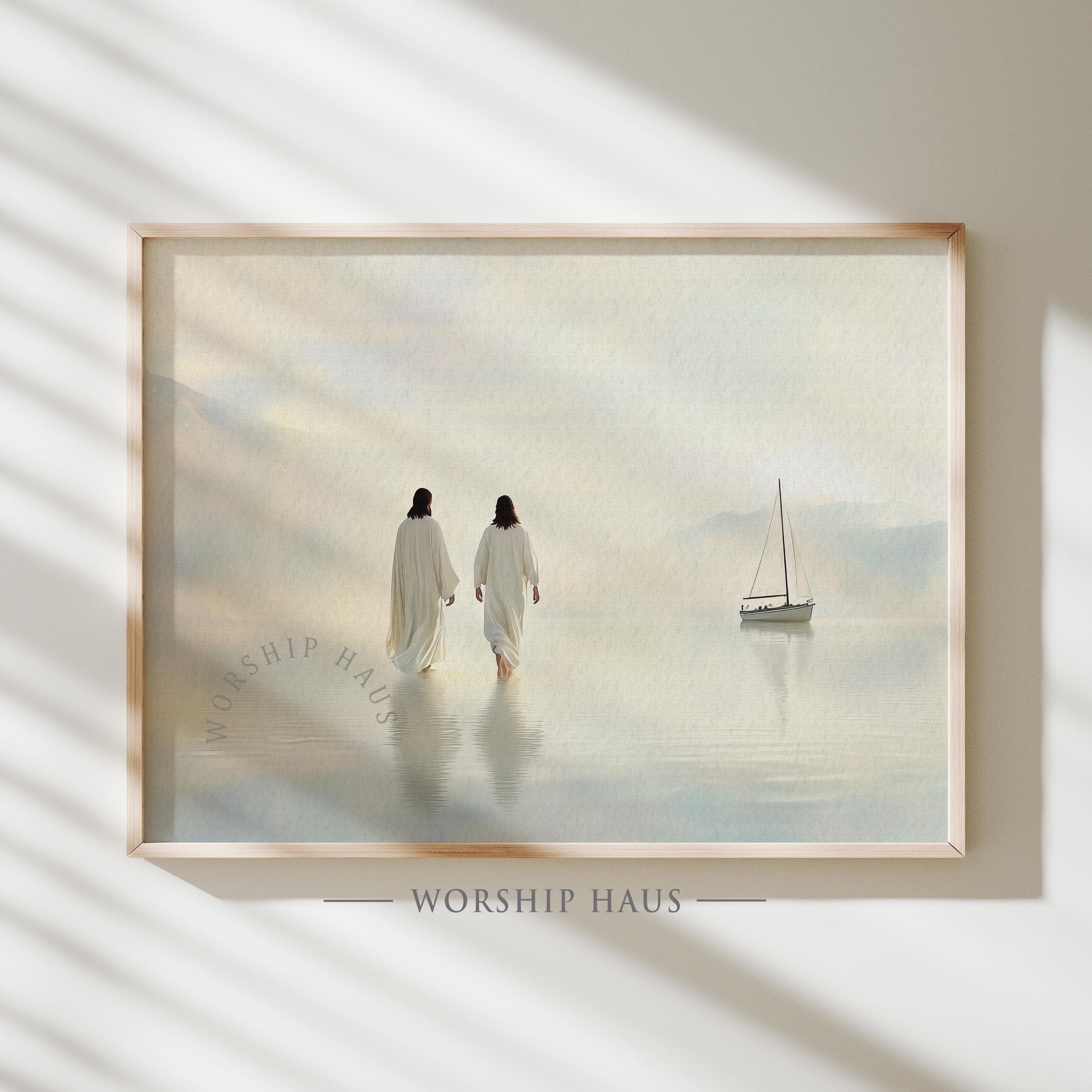 Jesus And Peter On Water Christian Faithful Walk Scene Peaceful Sea ...