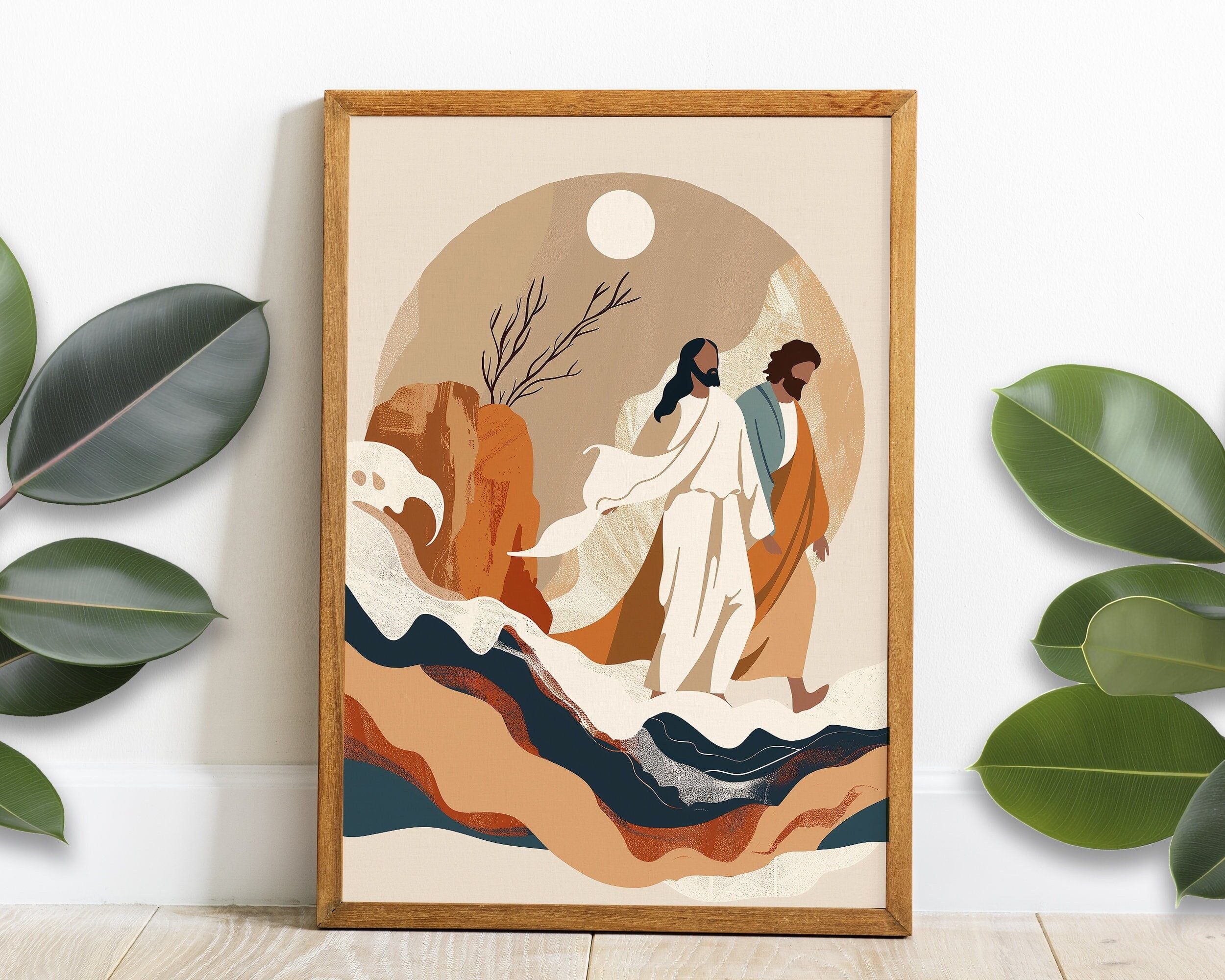 Jesus And Peter Walk On Water, Boho Christian Art, Jesus Art, Bible Art ...