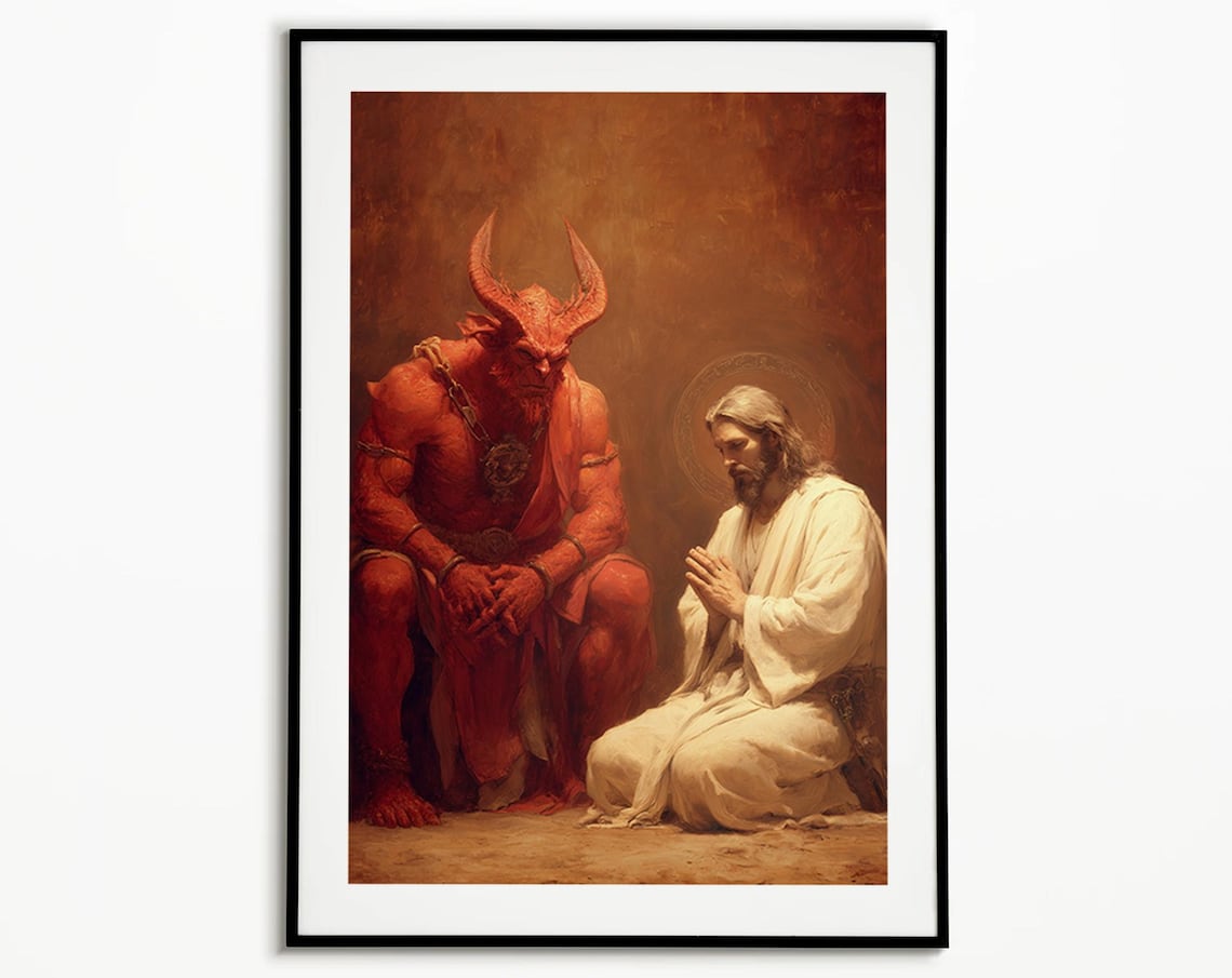 Jesus And The Devil Wall Art, Spiritual Warfare Christian Art Print ...