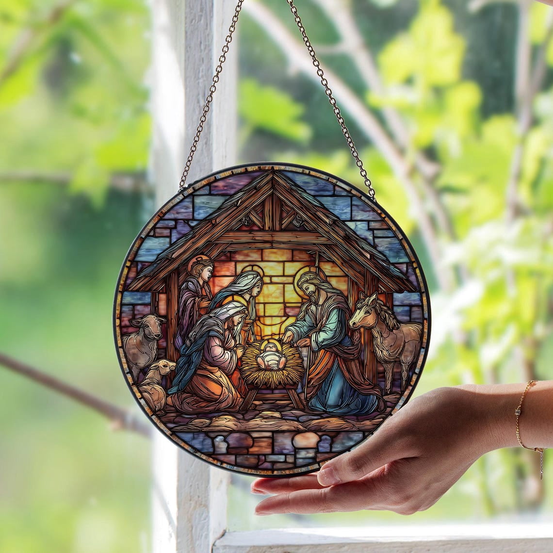 Jesus Birth Nativity Scene Suncatcher, Christian Holiday Decor, Manger ...