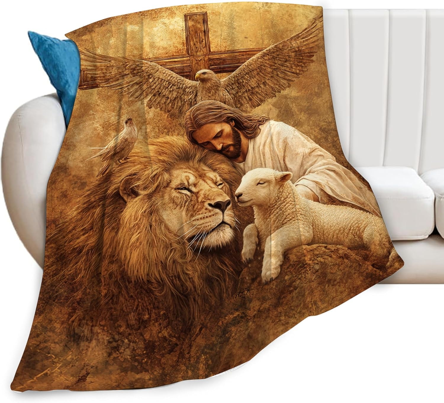 Jesus Blanket Lion Lamb Throws Christian Cross Print Plush Fuzzy Fleece ...
