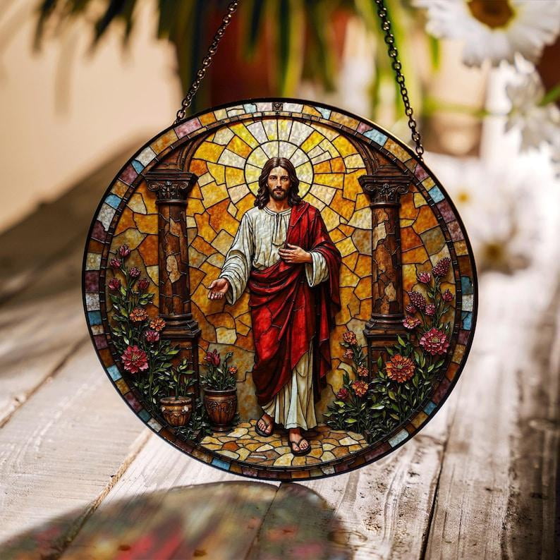 Jesus Blessing Stained Glass Round Suncatcher Christian Window Decor ...