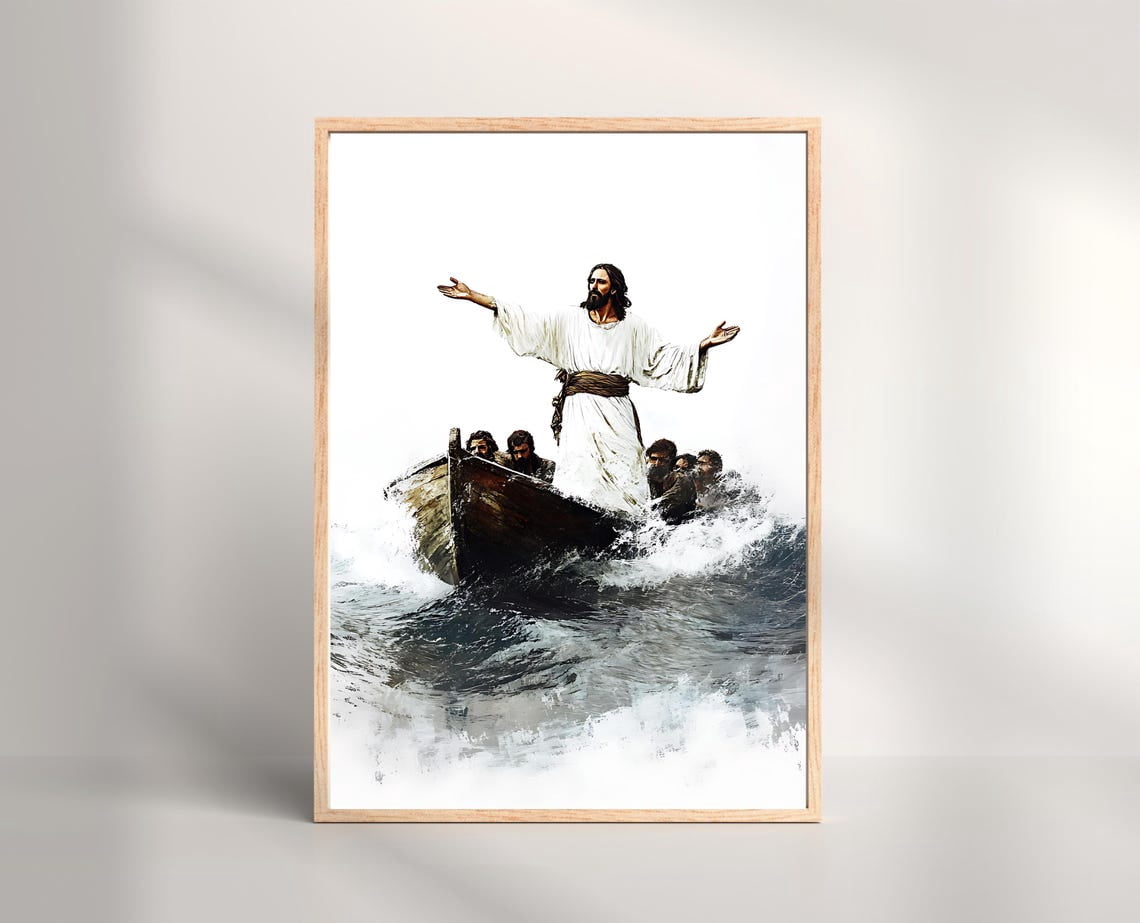 Jesus Calms the Storm Print Minimalist Christian Wall Bible Scene ...