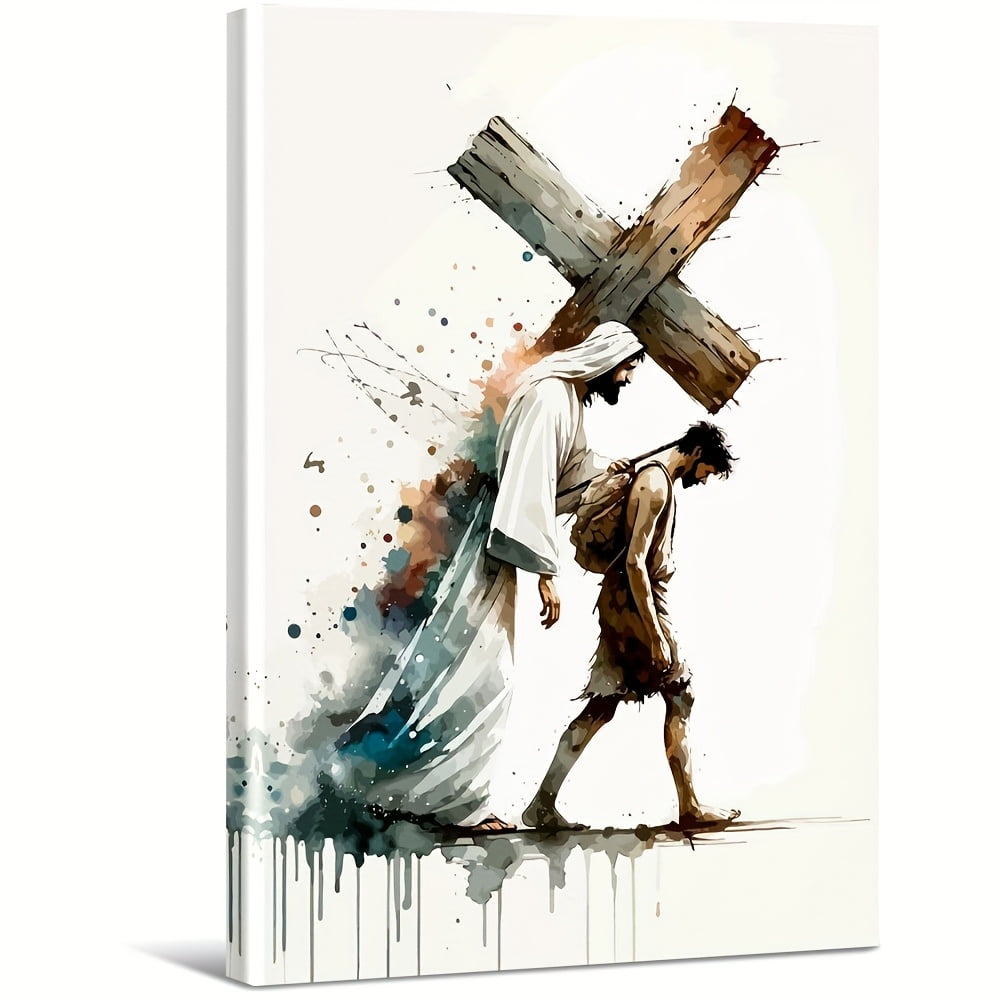 Jesus Carrying Cross With Watercolor Effect. Large Wooden Framed Wall ...