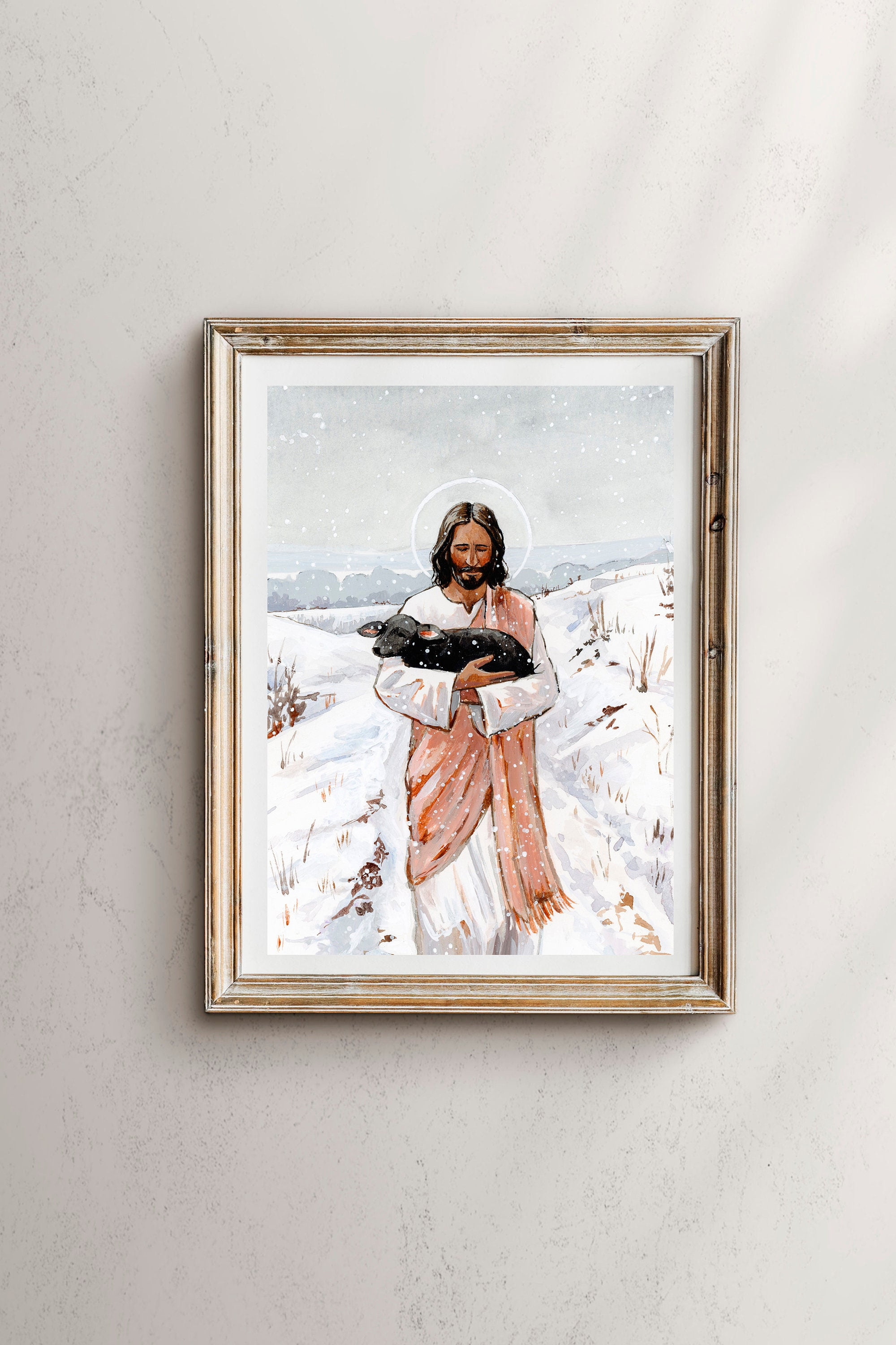 Jesus Carrying Lamb Art Print: Winter Scene Warm Present Vintage ...