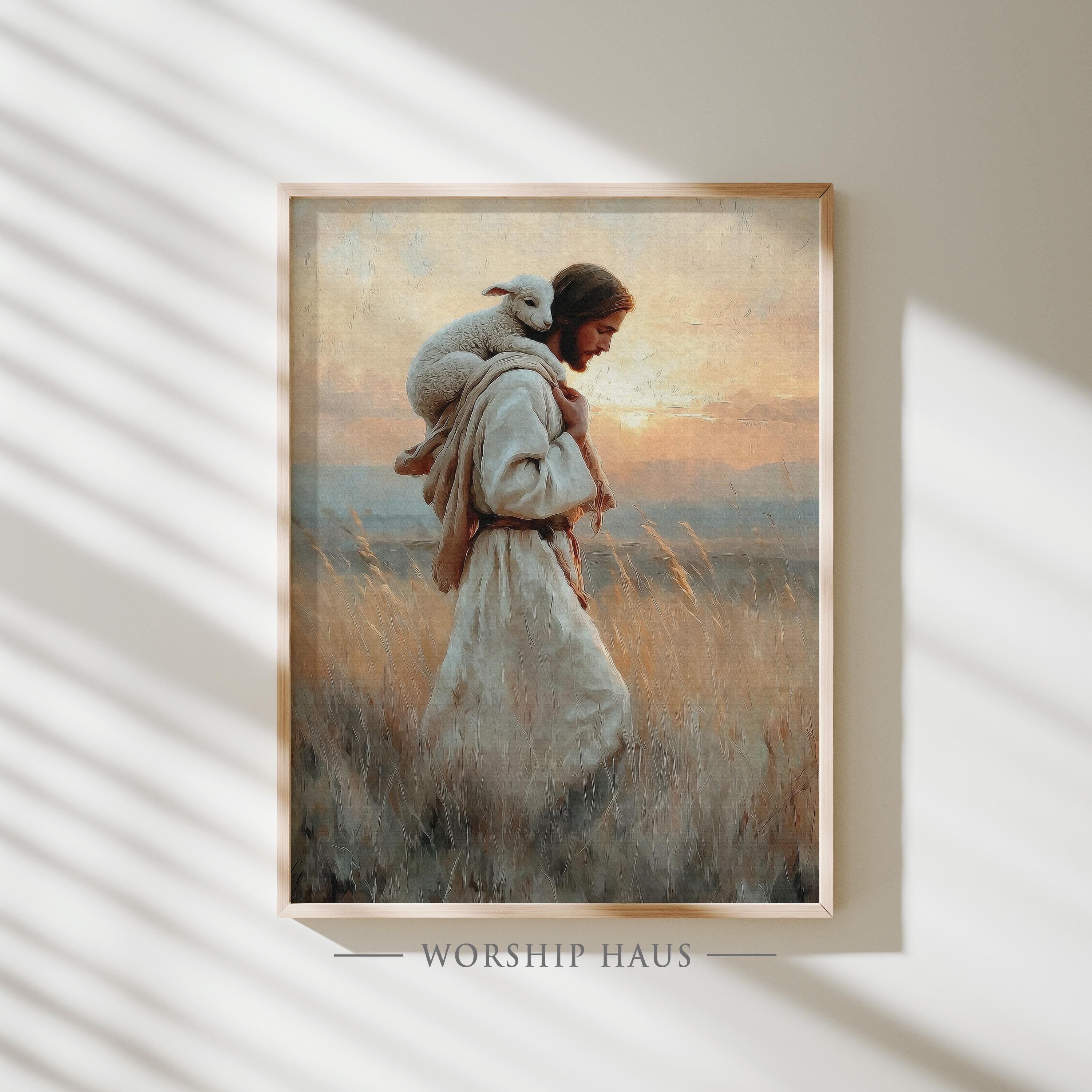 Jesus Carrying Sheep Through Meadow Christian Wall Art Print Savior As ...