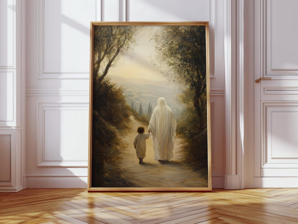Jesus And Child Walking Painting, Christian Wall Art, Peaceful ...