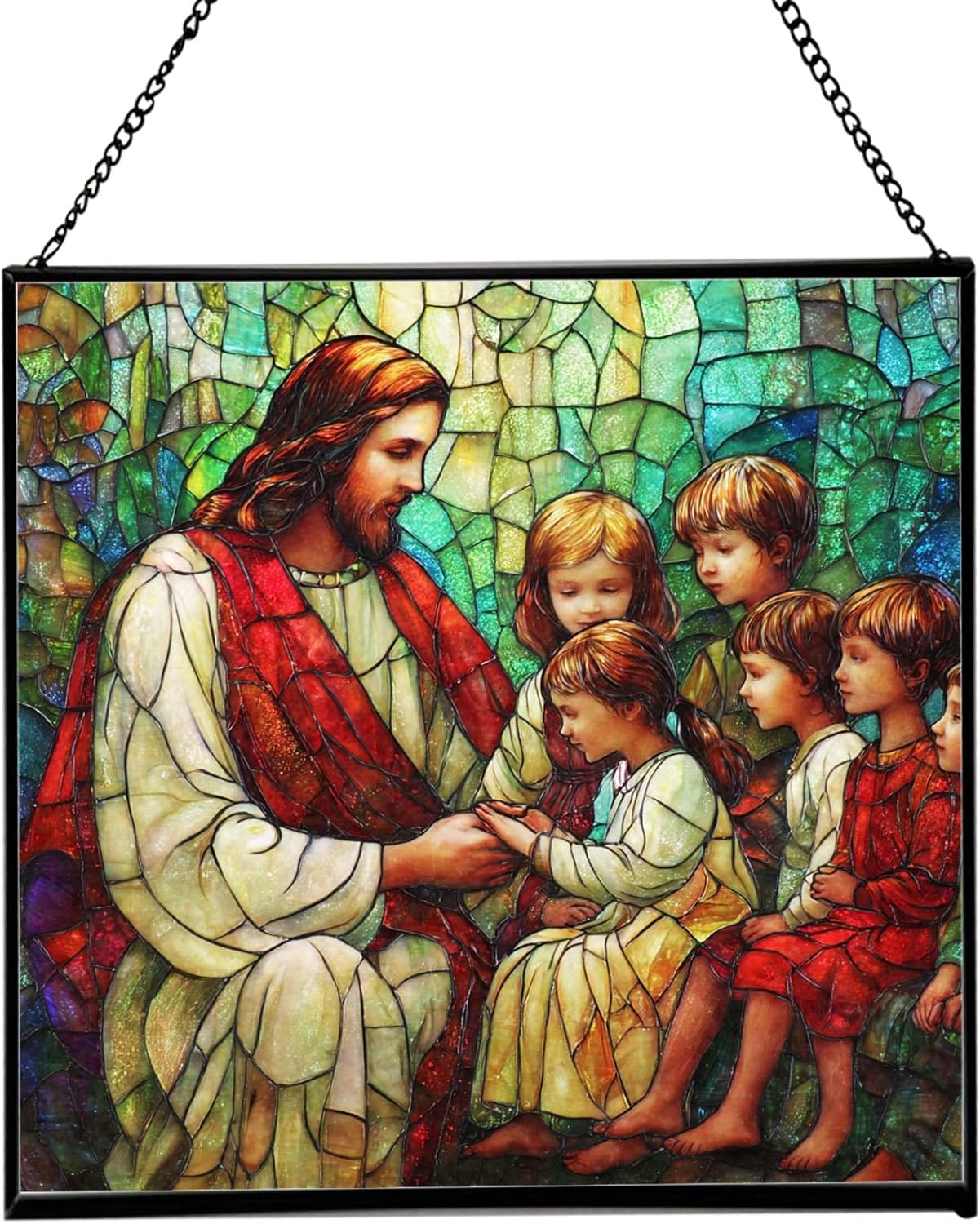 Jesus and The Children Square Stained Glass Suncatcher, 8 Inch Real ...