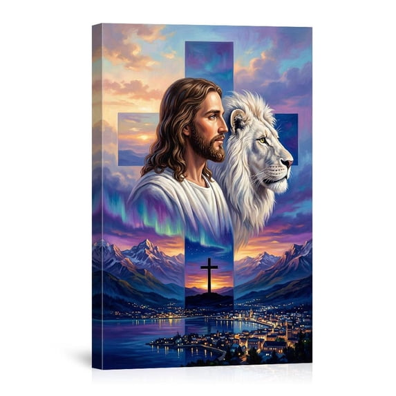 Jesus Christ And White Lion With Cross Christian Faith Landscape For ...