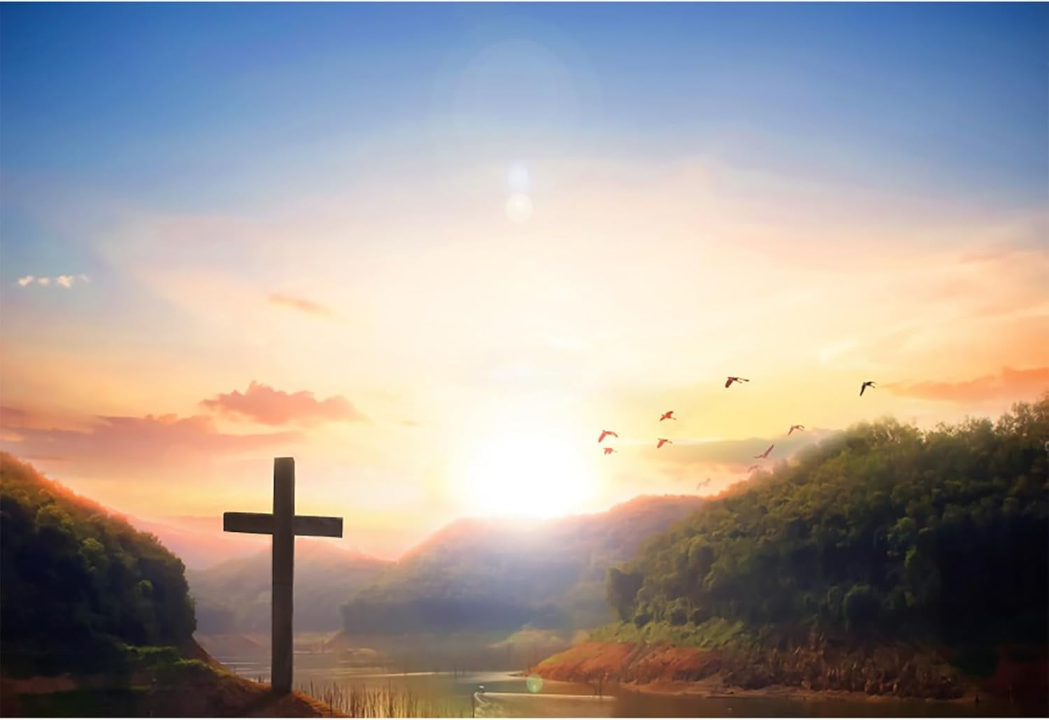 Jesus Christ Backdrop Sunrise Lakeside Forest Crucifix Cross ...