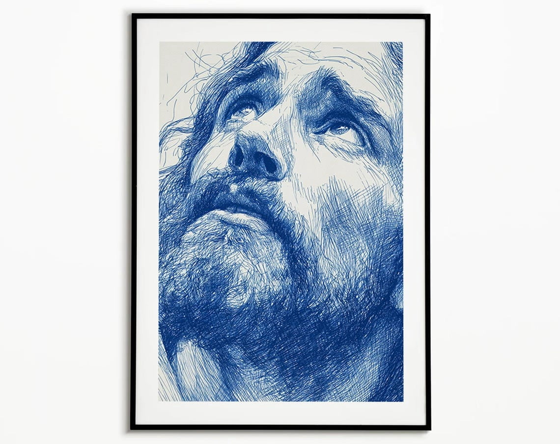 Jesus Christ Blue Pencil Drawing Realistic Christian Portrait Faith ...