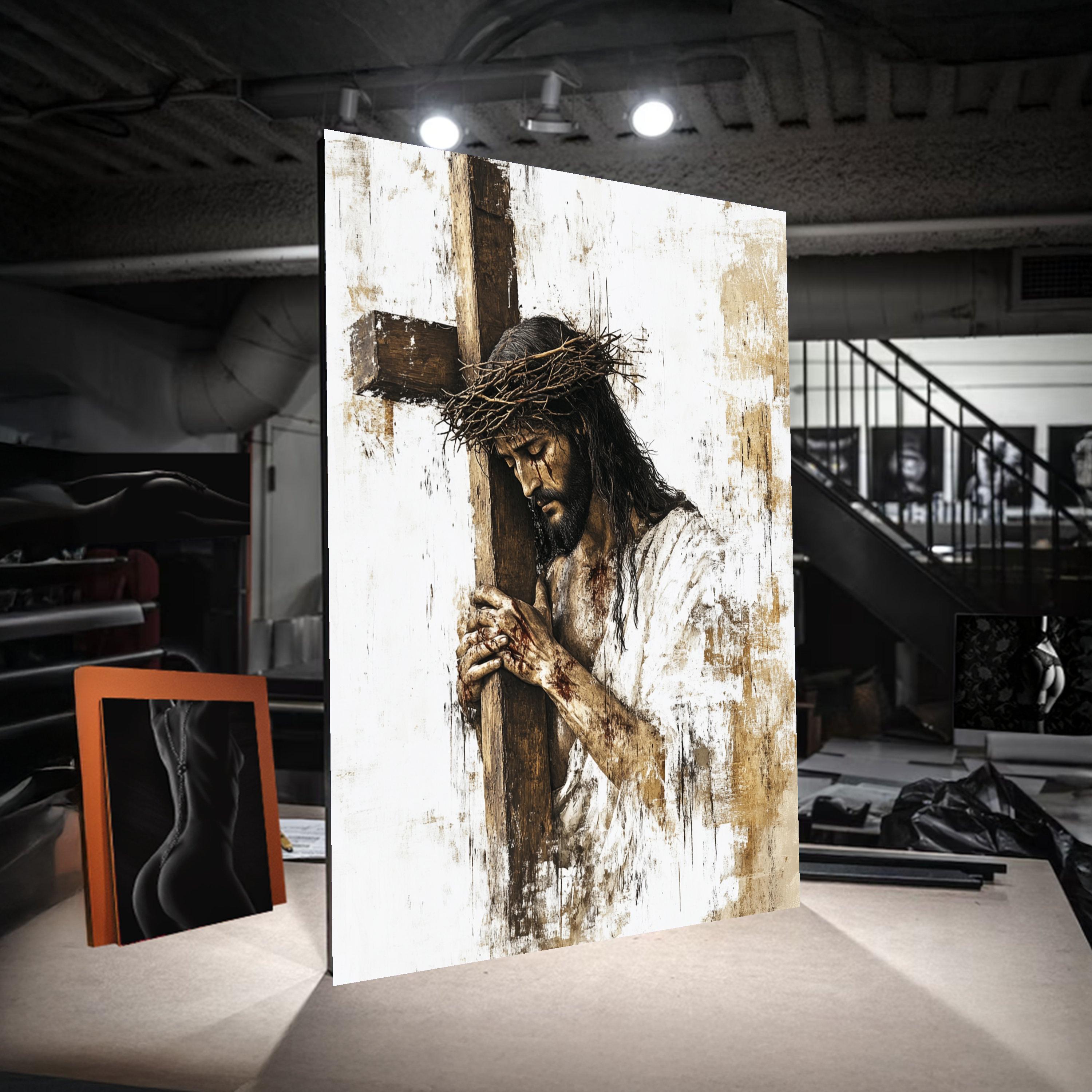 Jesus Christ Carrying Cross Canvas, Crown of Thorns Wall Art, Religious ...