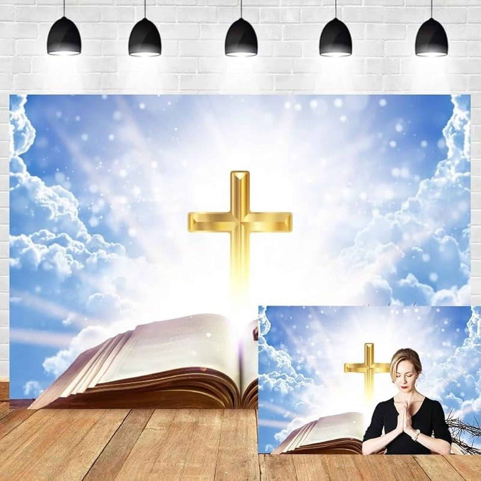 Jesus Christ Cross Backdrop Gold Cross in Sky Open Bible Crown of ...