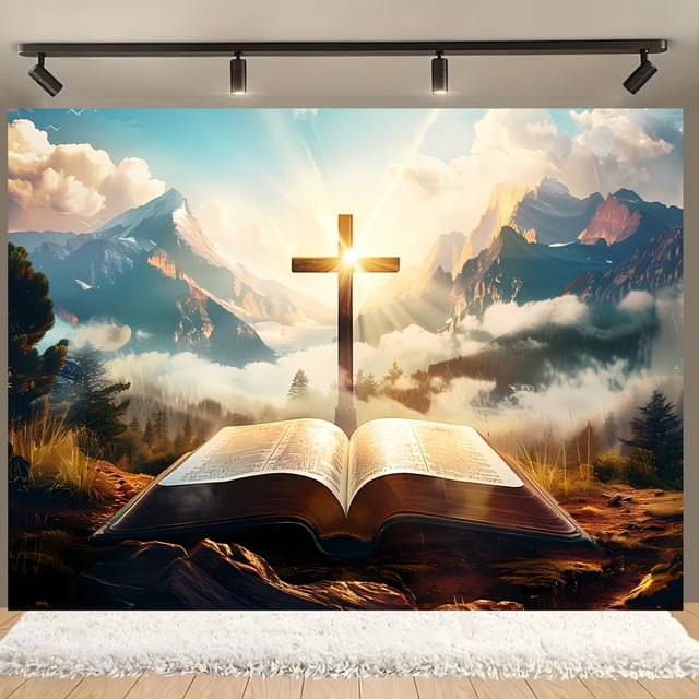 Jesus Christ Cross Mountain Sunset Polyester Backdrop - Religious Theme ...