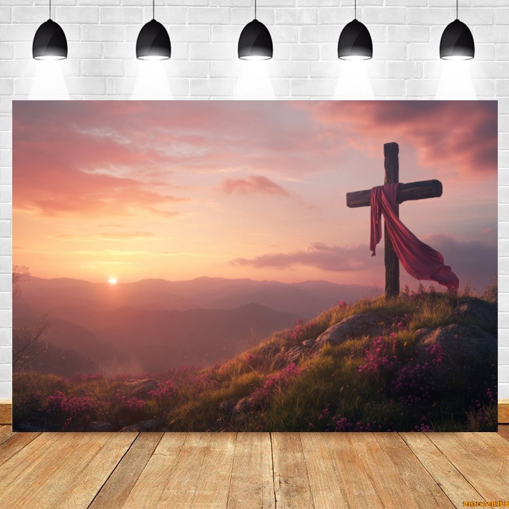 Jesus Christ Cross Photography Backdrop Christian Nativity Sce Sunset ...