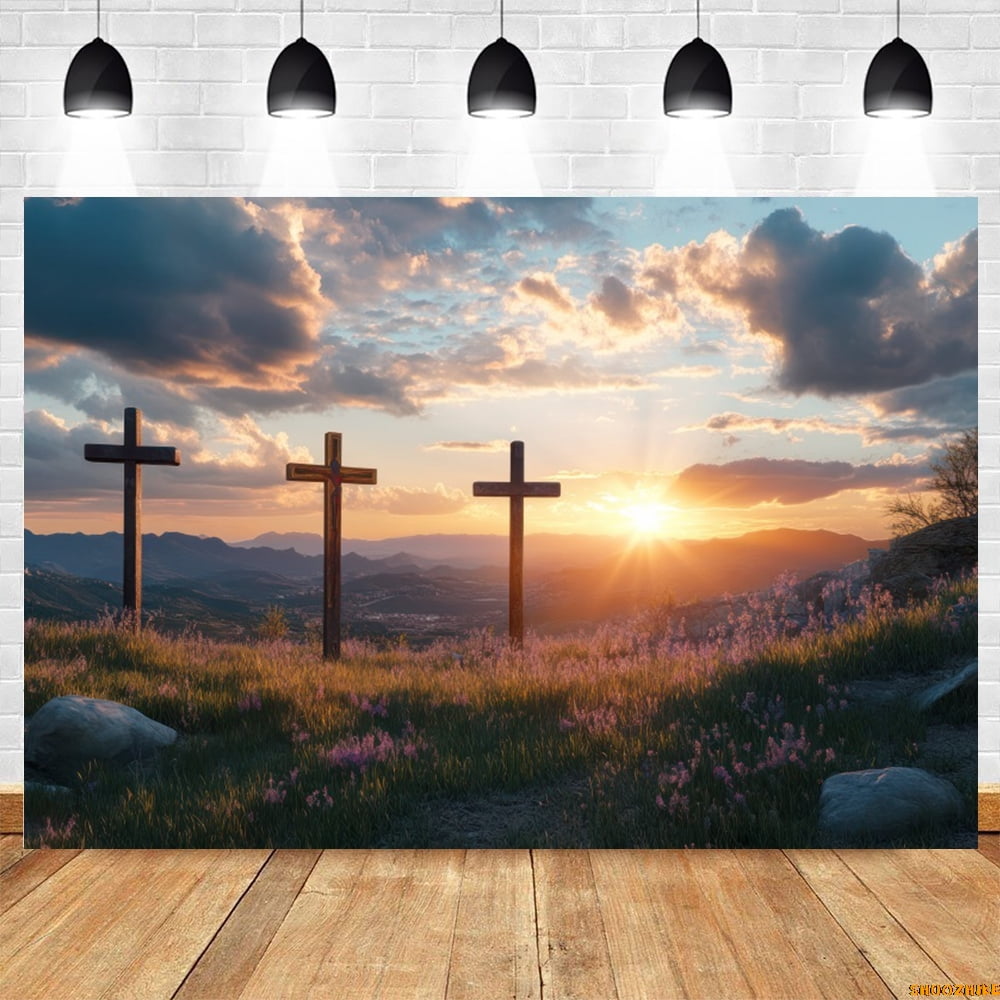 Jesus Christ Cross Photography Backdrop Christian Nativity Sce Sunset ...